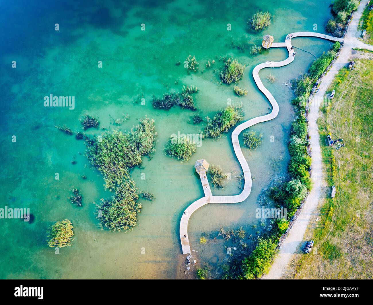 Turquiose Water and Wooden Bridge. Aerial Landscape. Park Grodek in ...