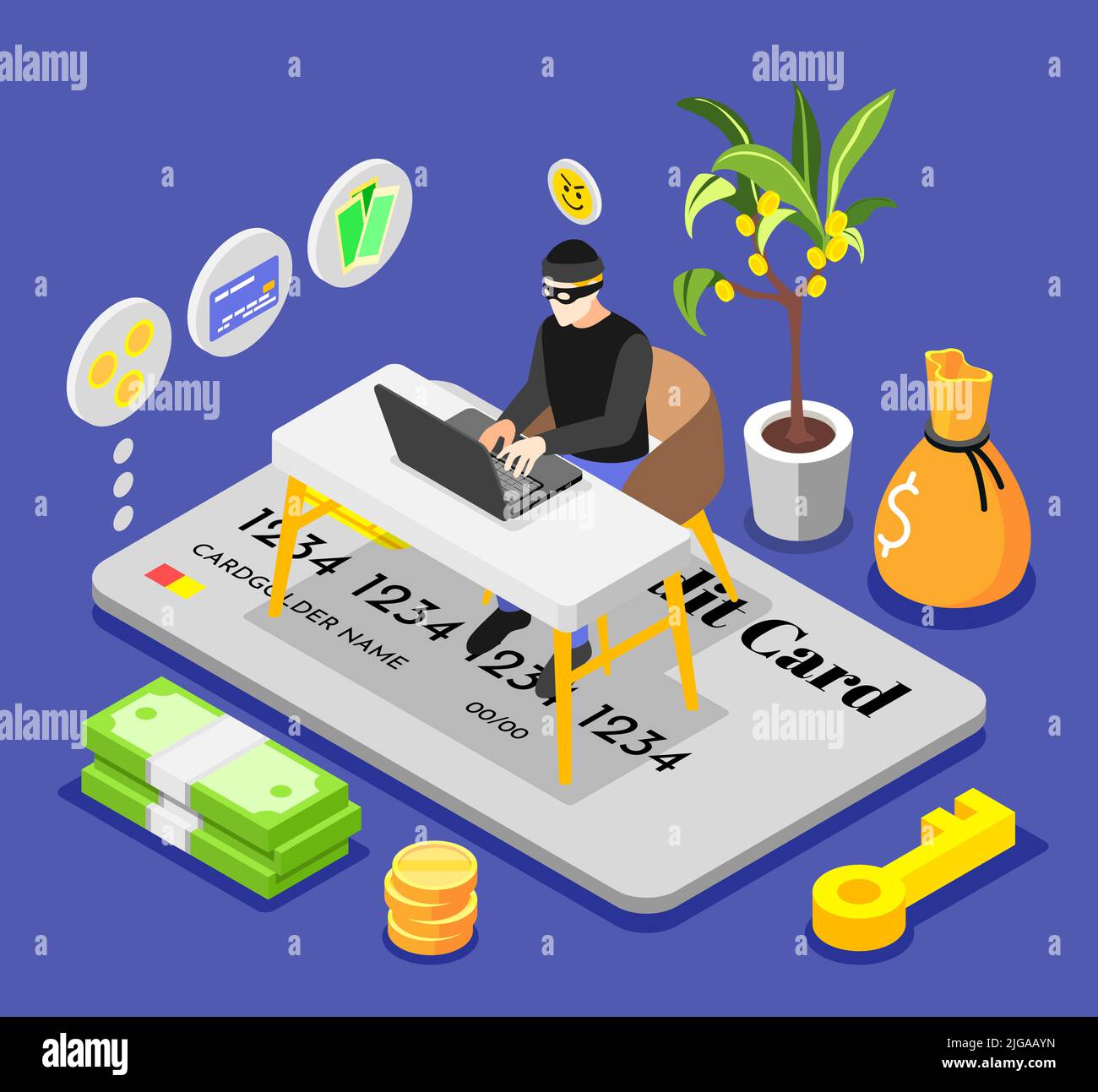 Banks scammers isometric background with composition of pictograms cash ...