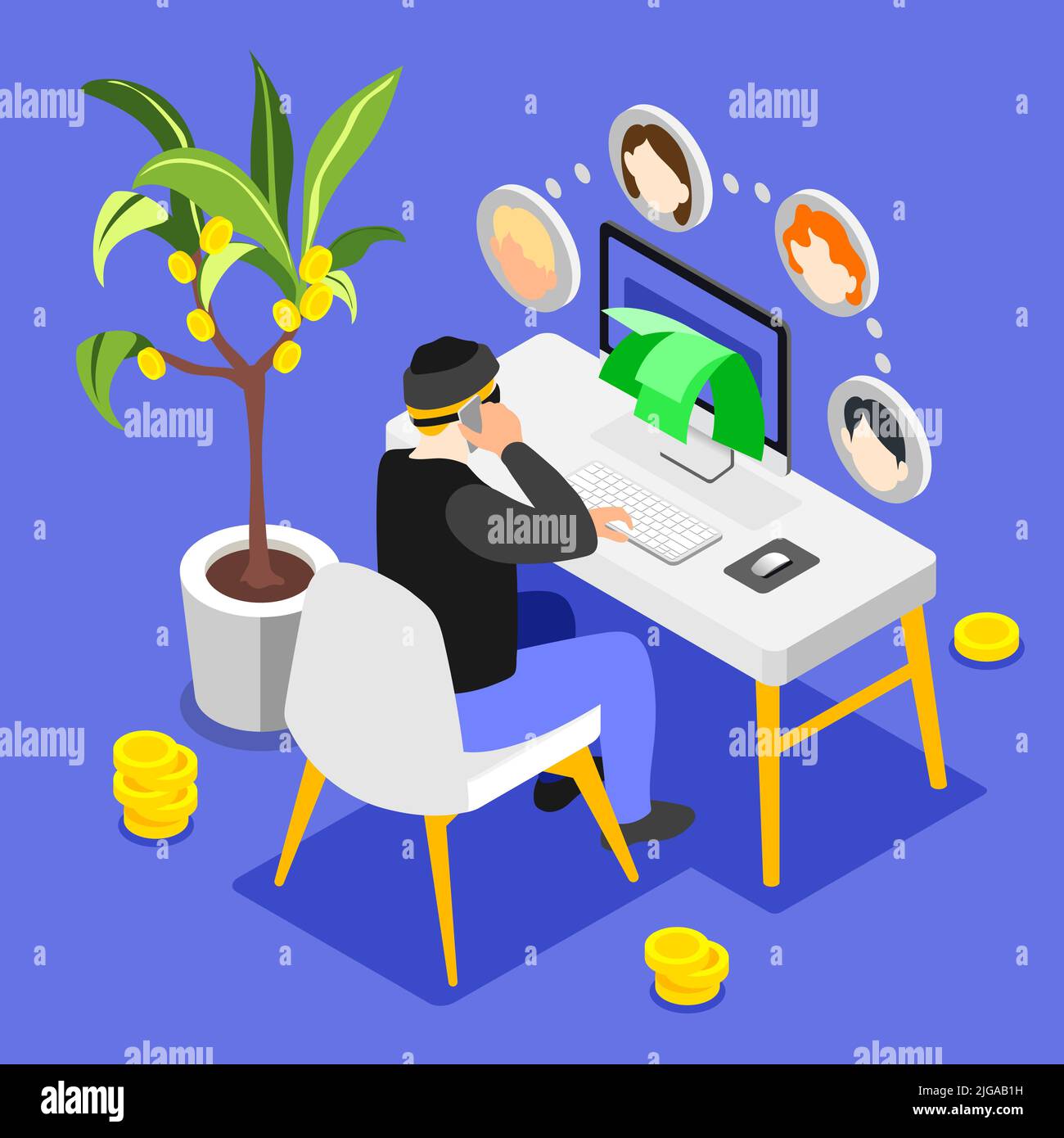 Banks scammers isometric background with view of table with laptop and ...