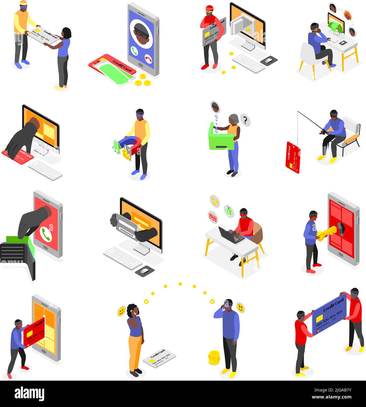 Banks scammers isometric recolor set of isolated icons with human ...
