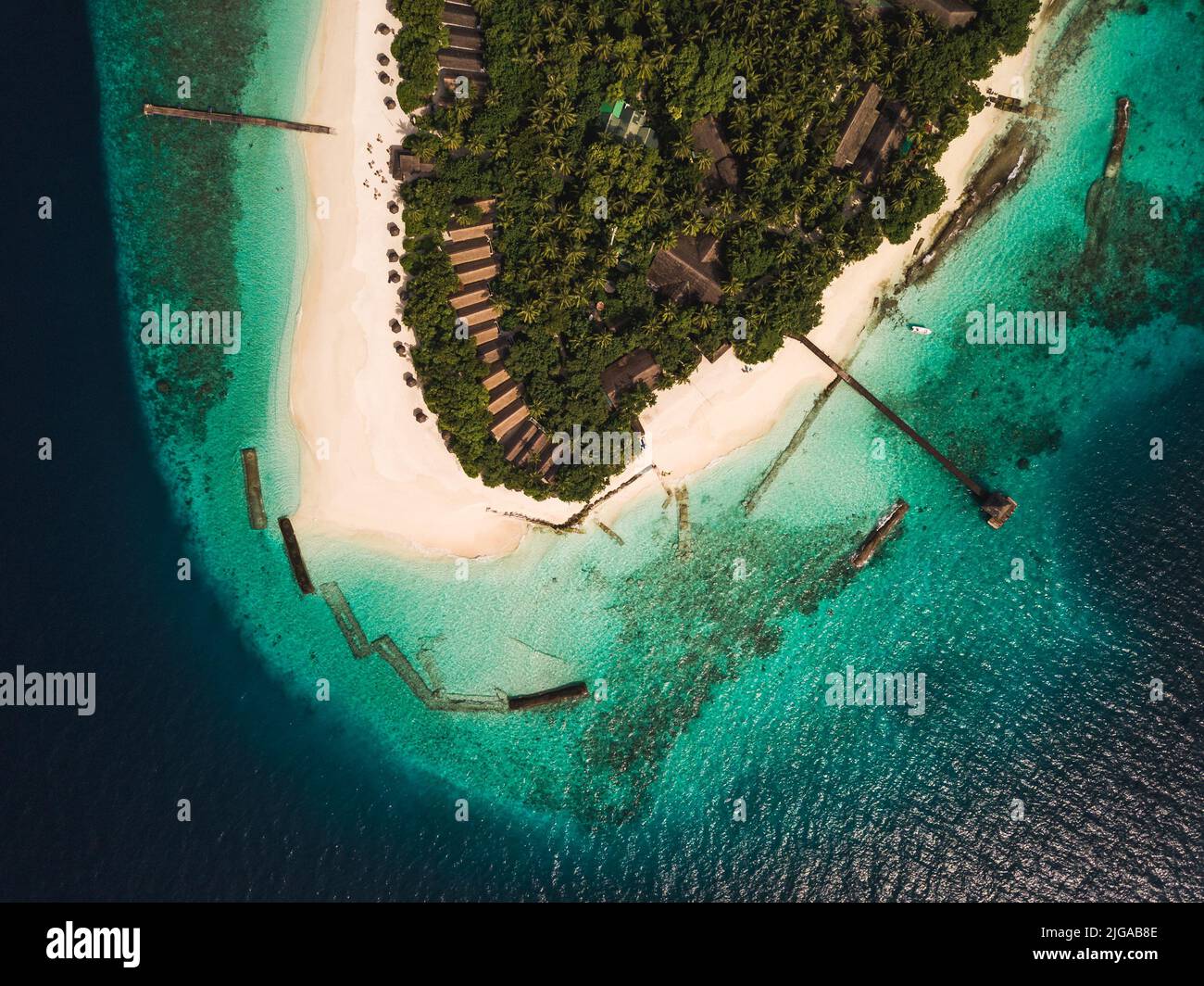 An aerial shot of Reethi Beach Resort with dense trees and transparent ...