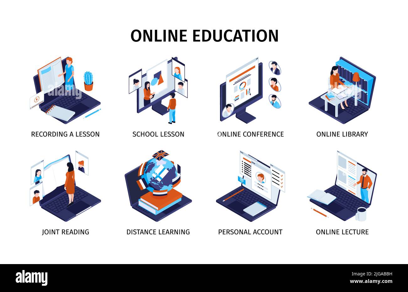 Online education technology compositions set with school lesson lecture ...