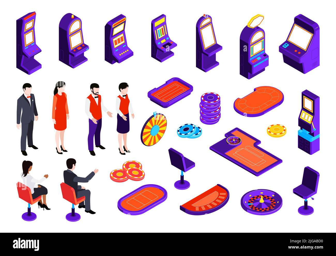 Casino set with isometric slot machines tables for playing cards chips ...