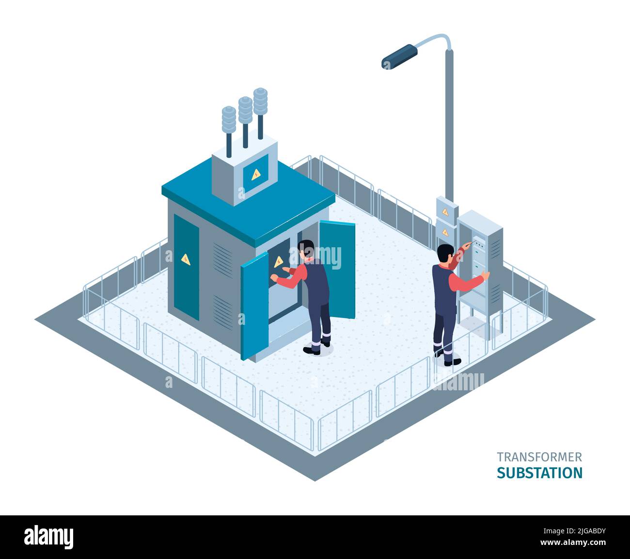 Two electrical technicians doing electric work checking or repairing ...