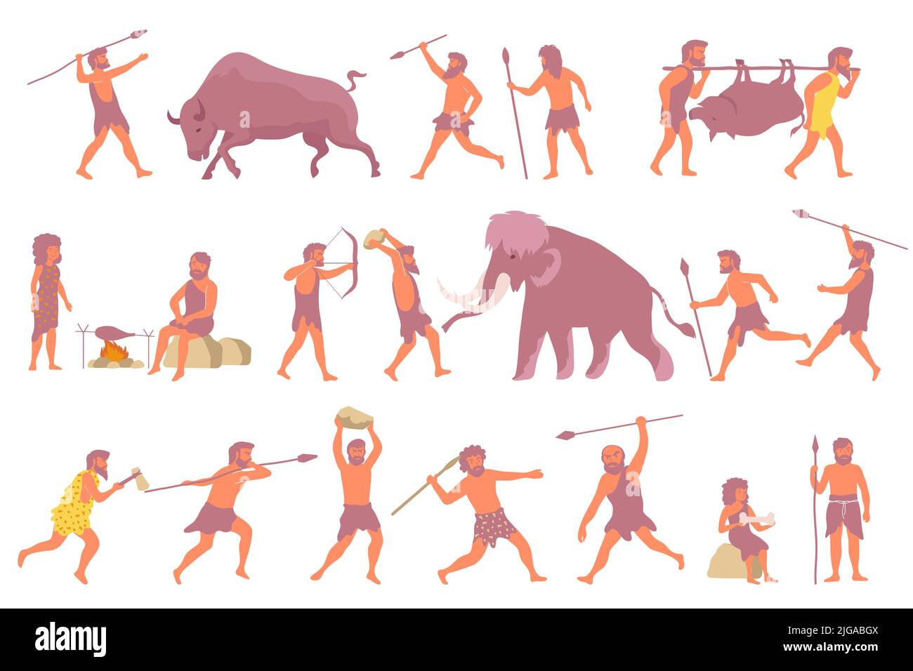 Set with isolated primitive hunting flat icons with human characters ...