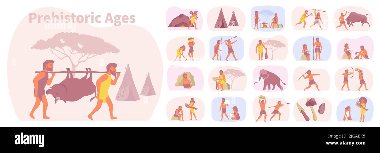 Primitive people flat set with isolated compositions of ancient people ...