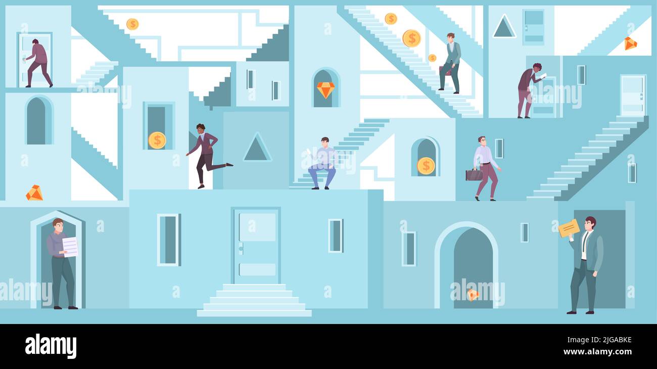 Business people looking for exit out of maze flat vector illustration ...