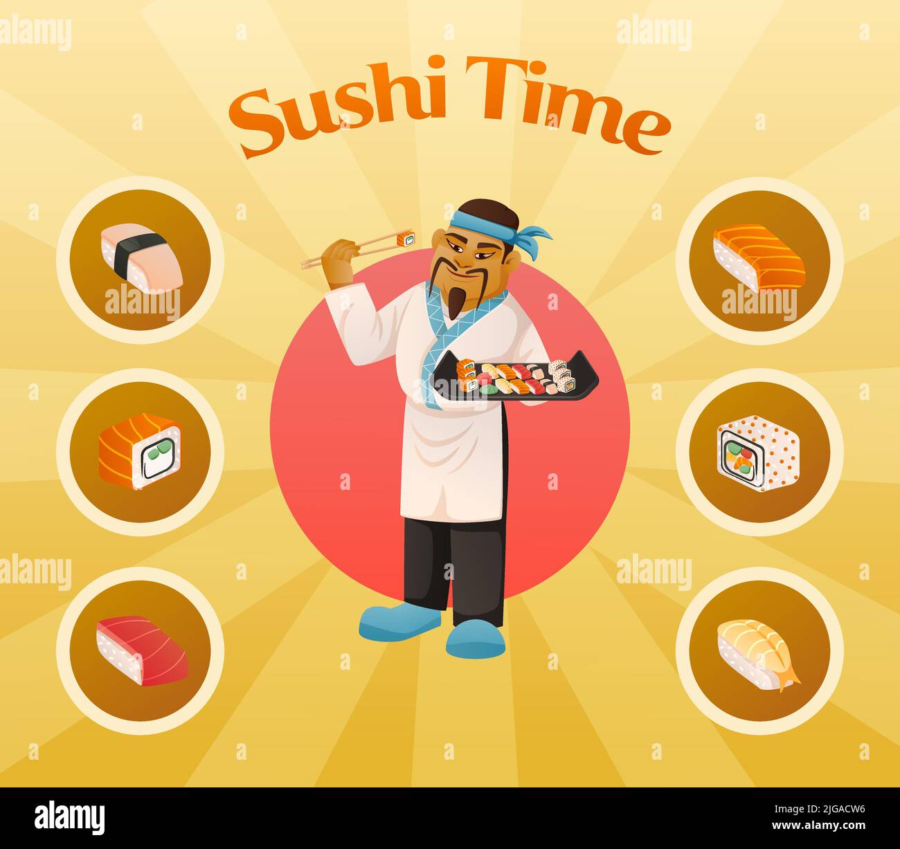 Sushi time cartoon composition with japanese chef character in center ...