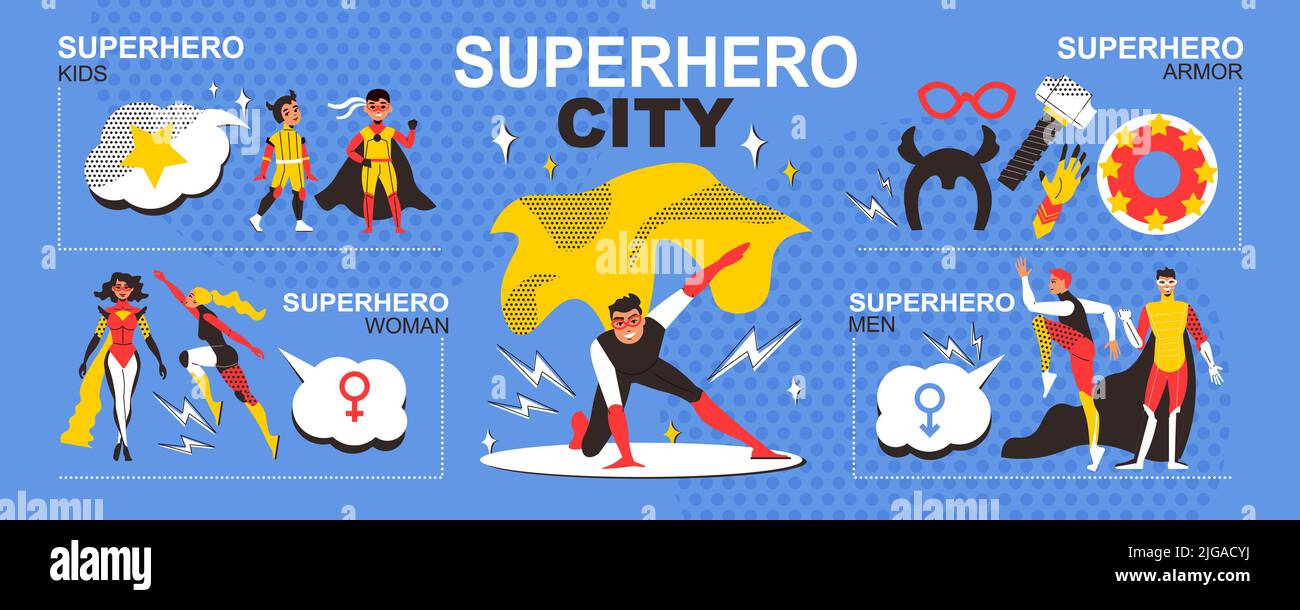 Superhero city infographics layout with flying adults and kids dressed ...