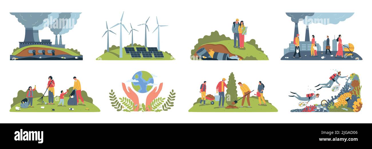 Set of isolated ecology pollution color compositions with dirty factory ...
