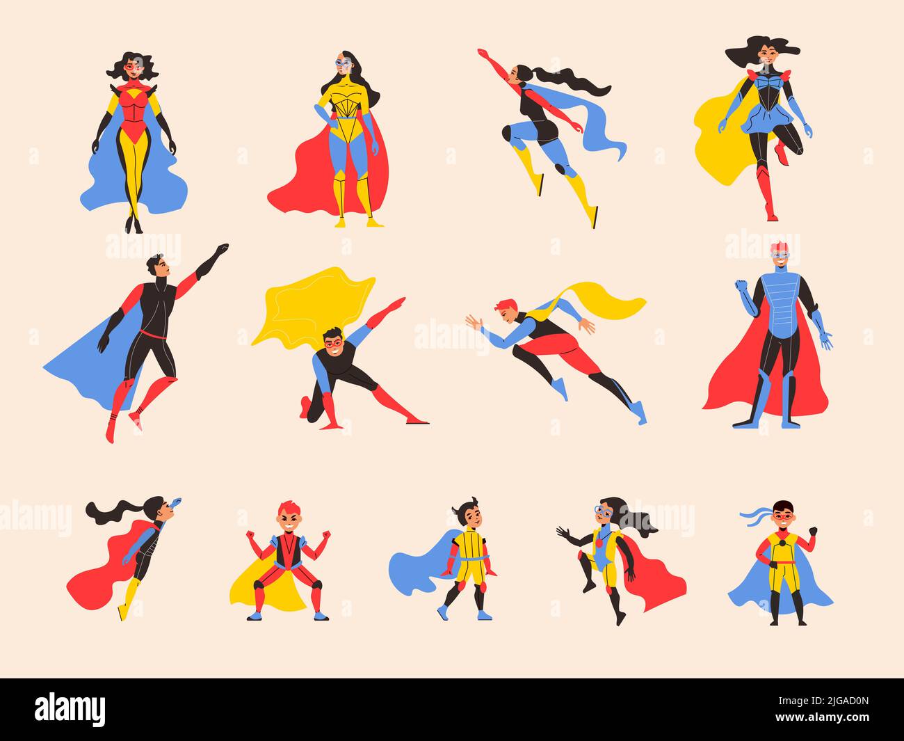 Superhero flat color set of flying adults and children characters ...