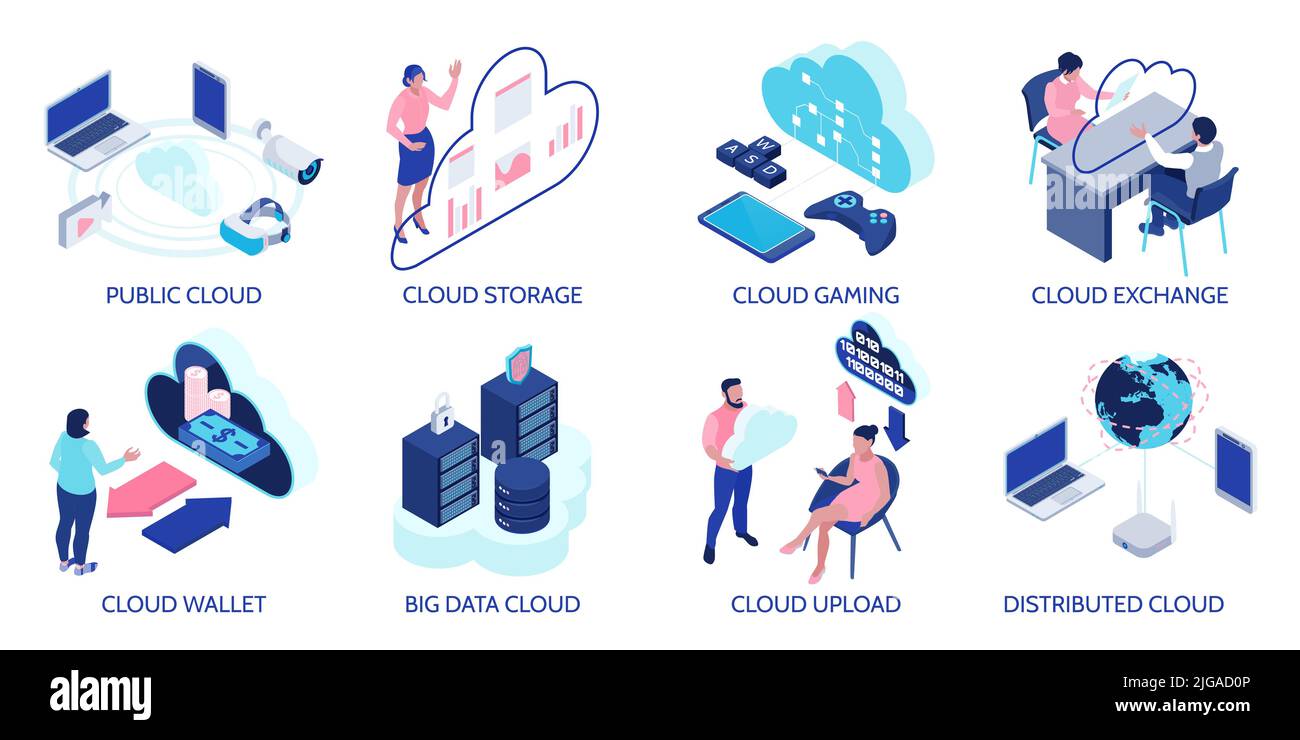 Cloud technology compositions set with cloud upload symbols isometric ...