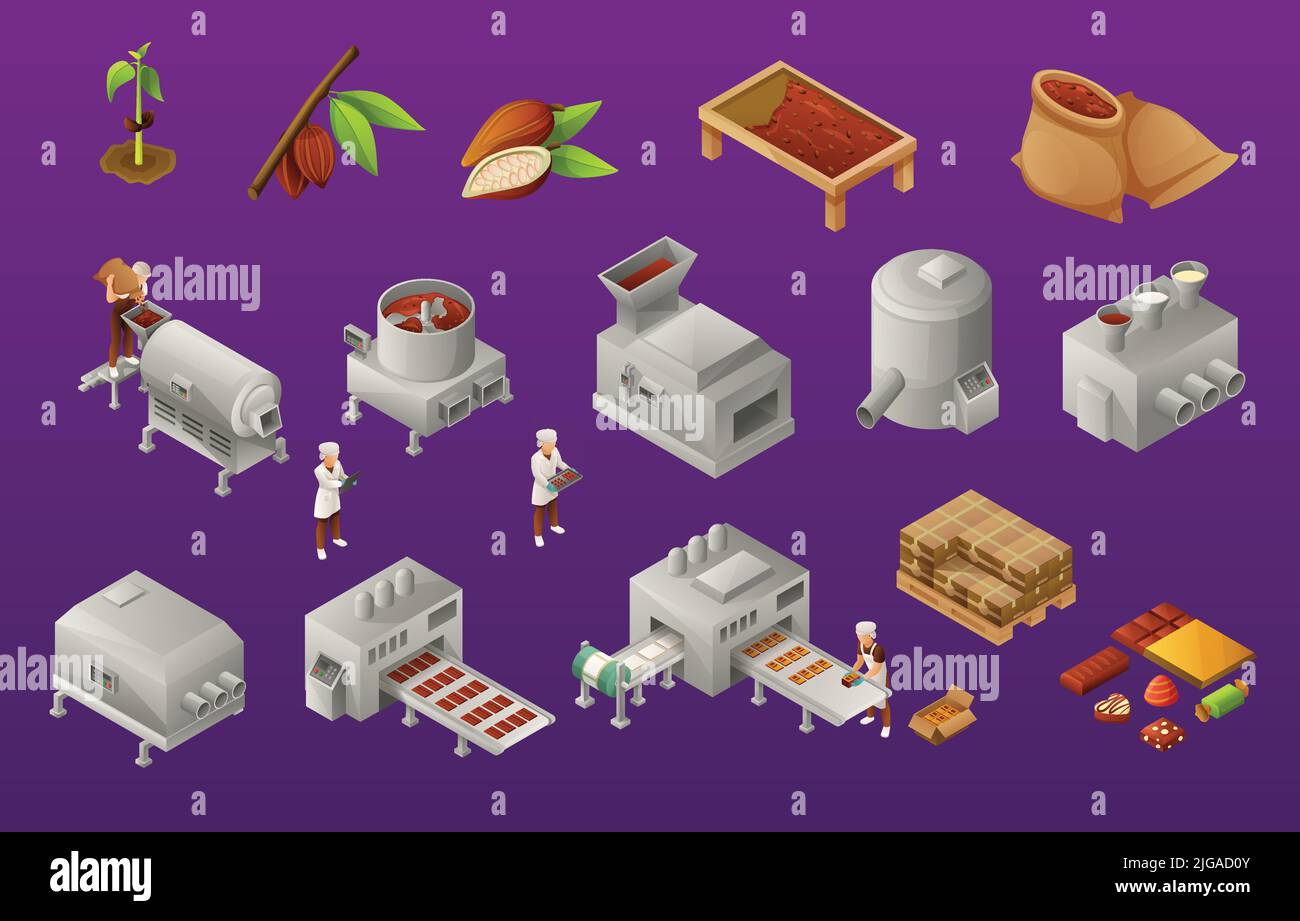 Chocolate production isometric icons set from raw cocoa beans to ...
