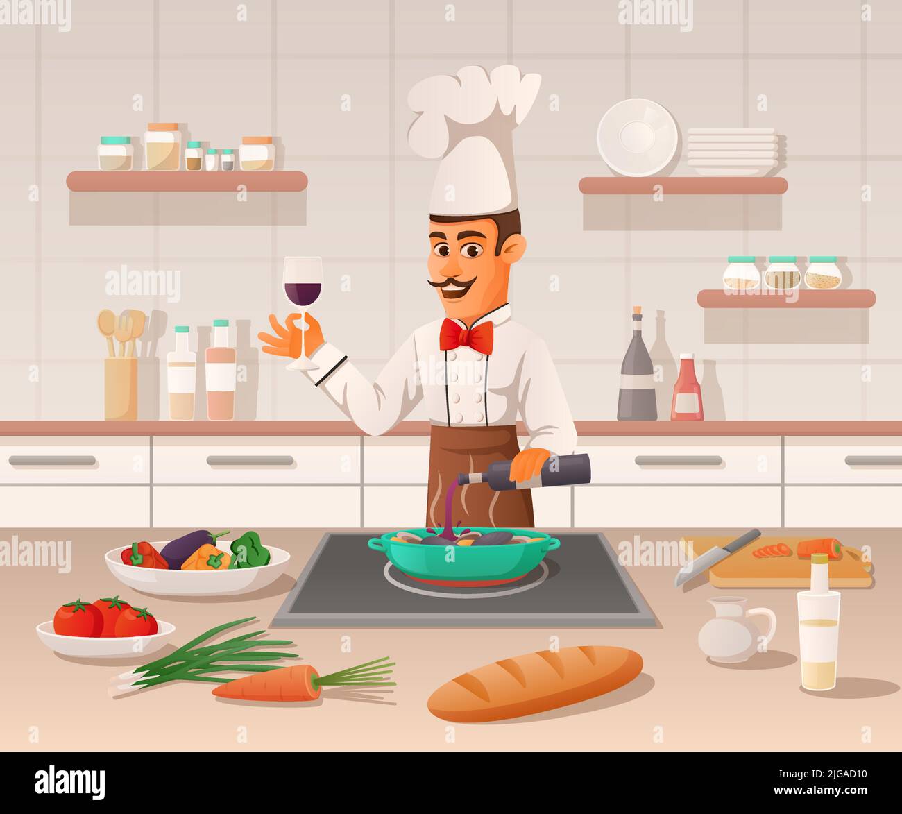 Professional cooking cartoon composition with chef pouring wine into ...