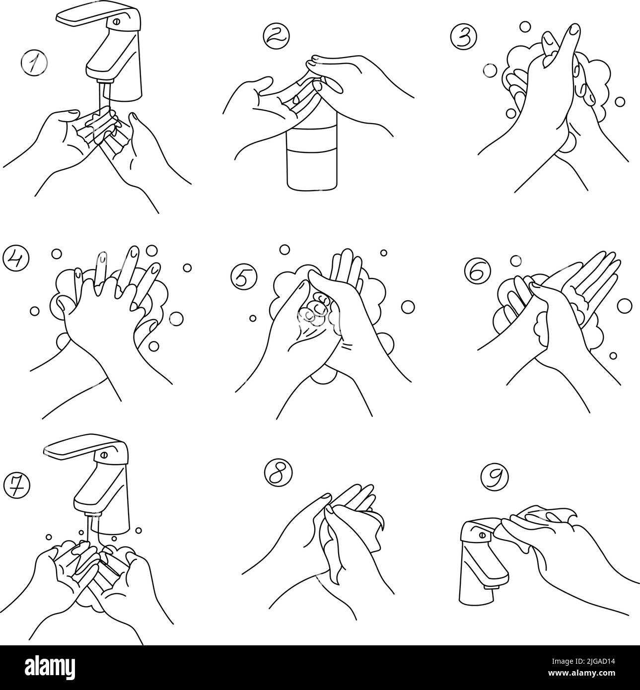 Washing hands line set with isolated flat wireframe compositions with ...