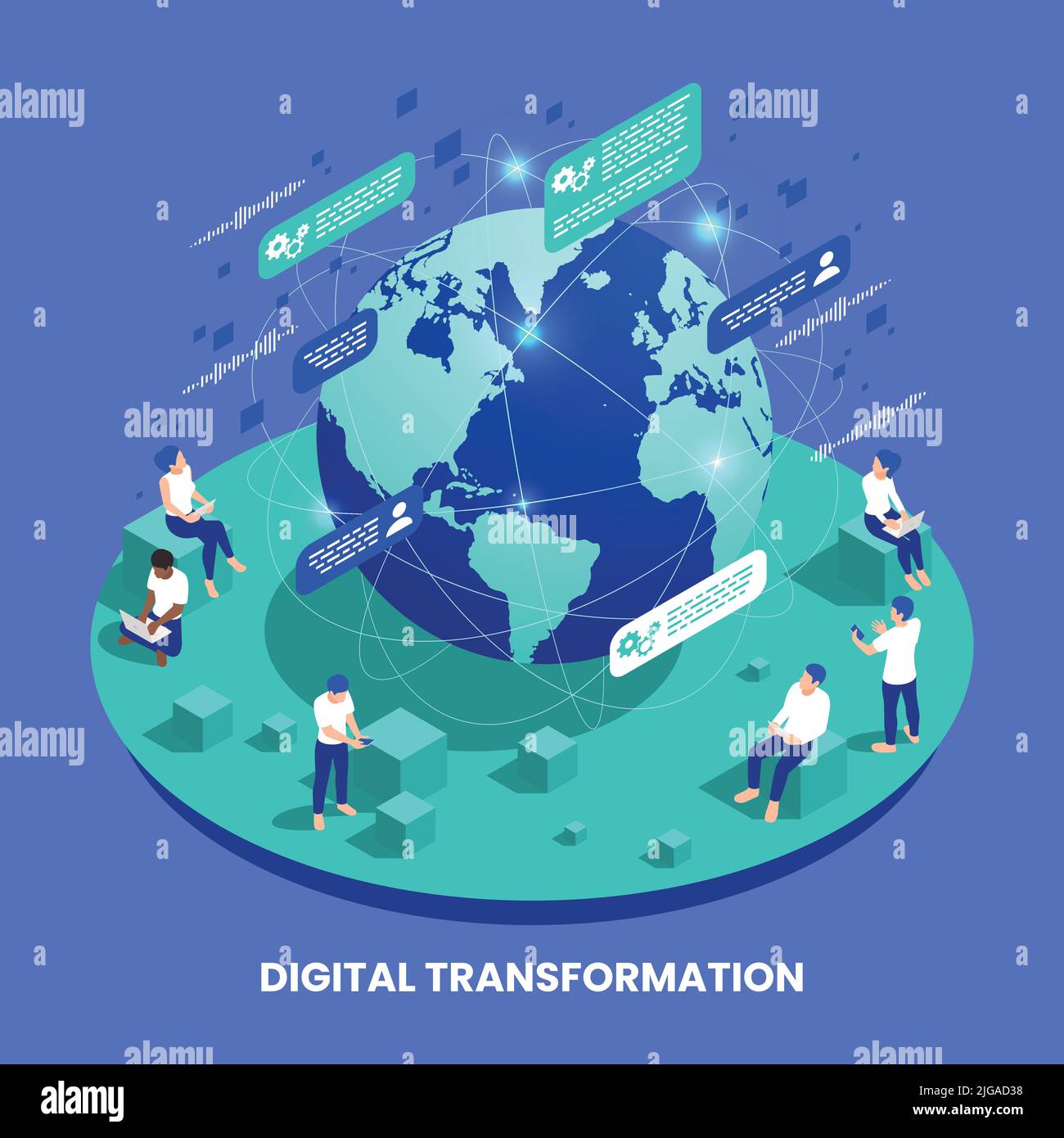Digital transformation and digitalization isometric composition with ...