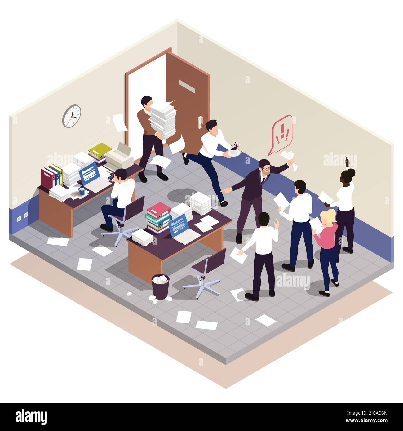 Disorganized office work isometric composition with chaotic messy ...