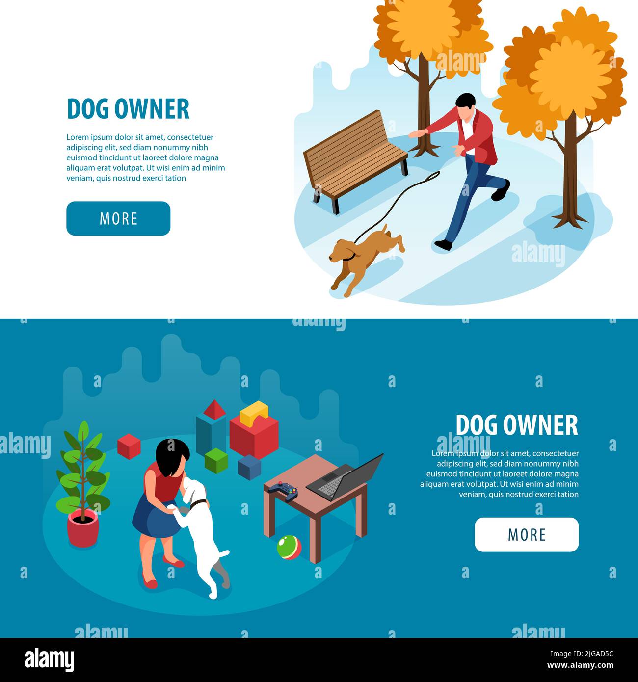 Dog owner horizontal banners set with dog and fun symbols isometric ...