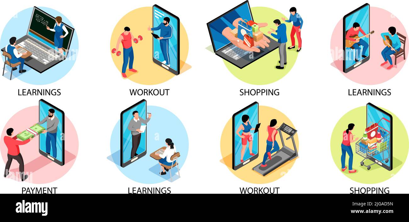 Online service round composition set with workout and payment symbols ...