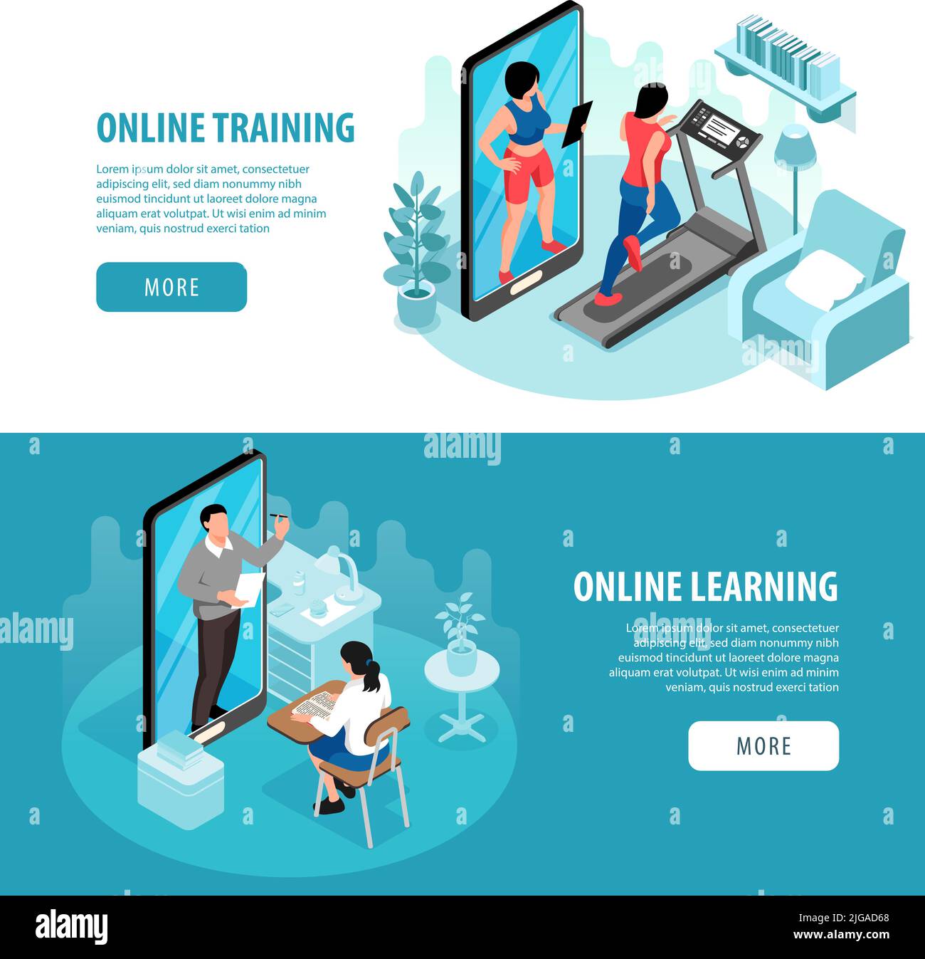 Online service banners set with training and learning symbols isometric ...