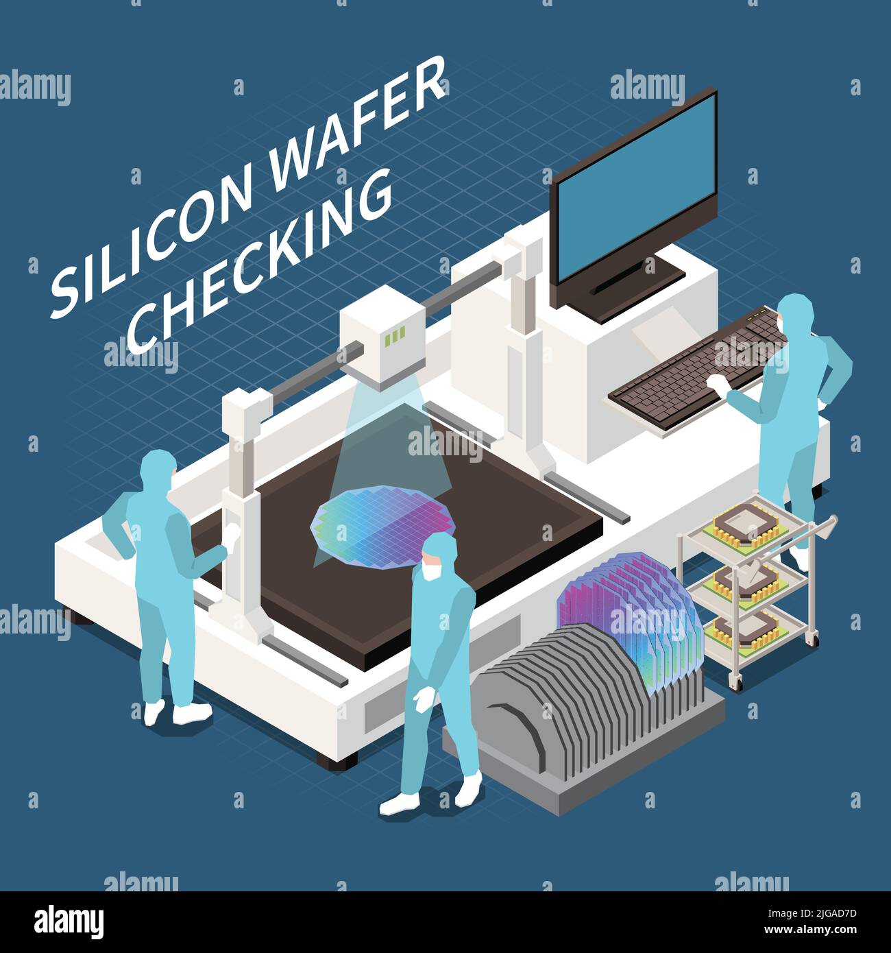 Semiconductor chip production isometric composition with three workers ...