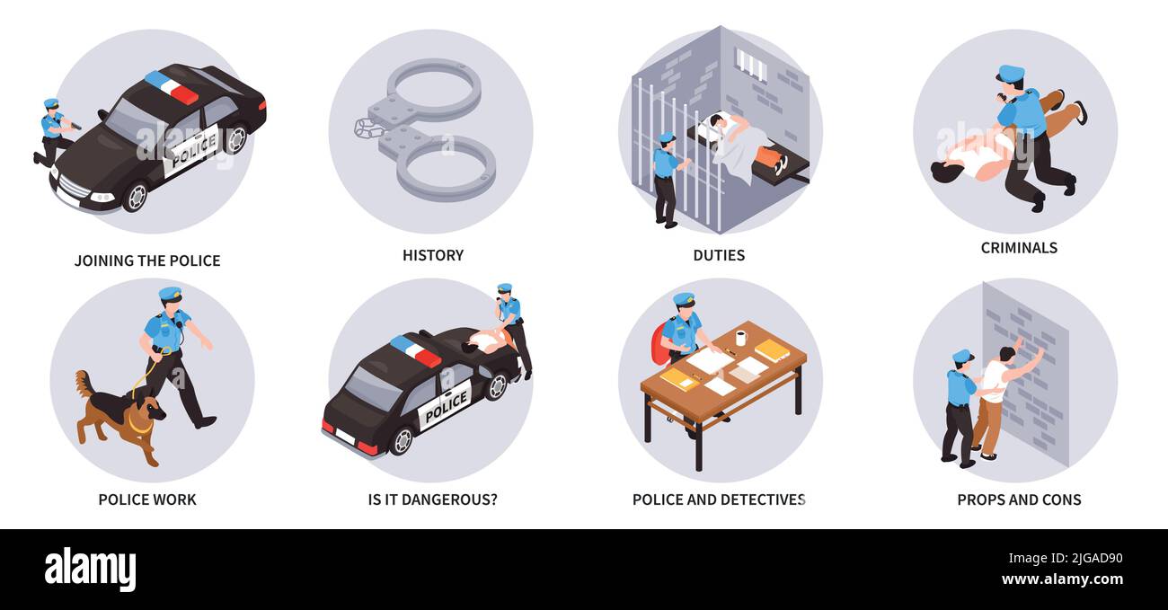 Police work isometric compositions with policemen on duties in prison ...