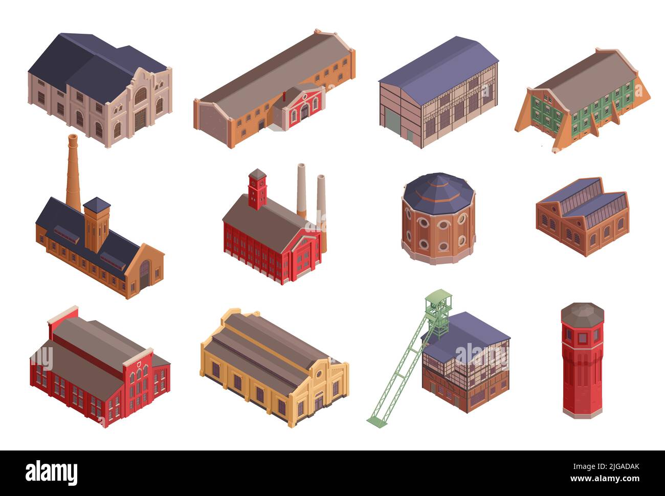 Isometric set of retro style industrial factories manufactures and ...