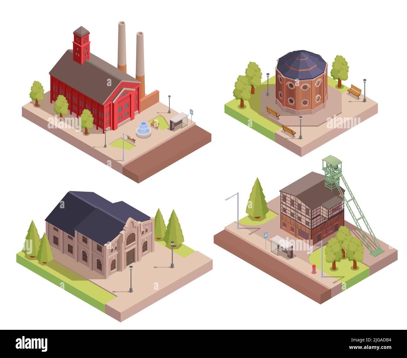 Isometric set of retro style industrial factories manufactures and ...