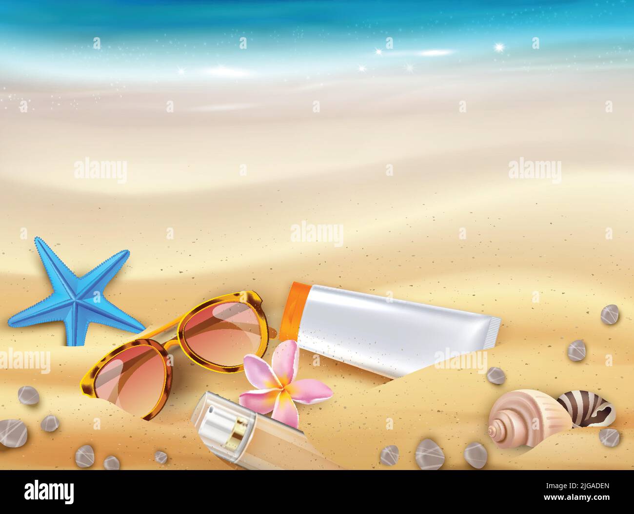 Sun protection cosmetics realistic composition with coastal scenery ...