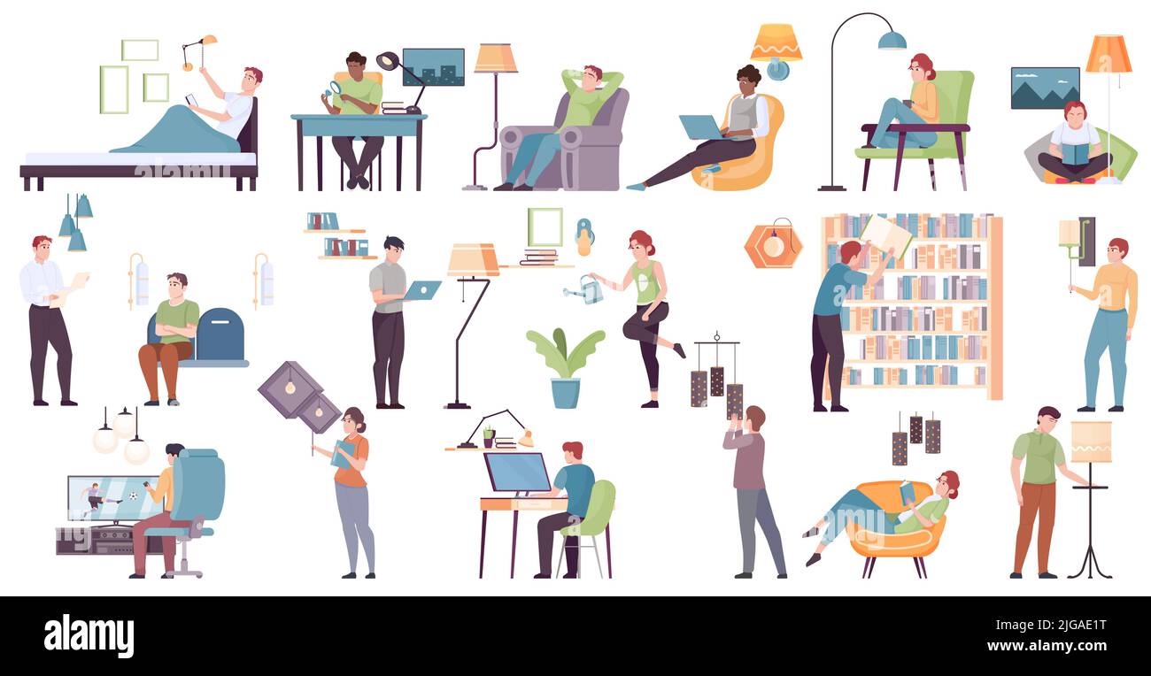 Home light icons set with electricity and illumination symbols flat ...