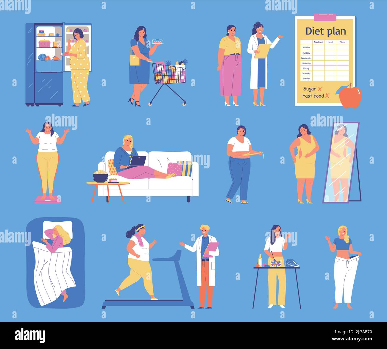 Weight loss strategy color set of oversized women and nutritionist ...