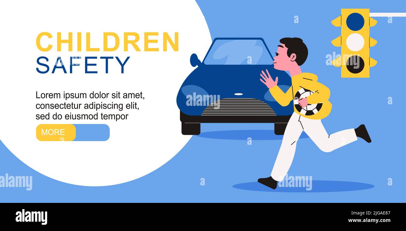 Children safety horizontal banner with little boy running across road ...