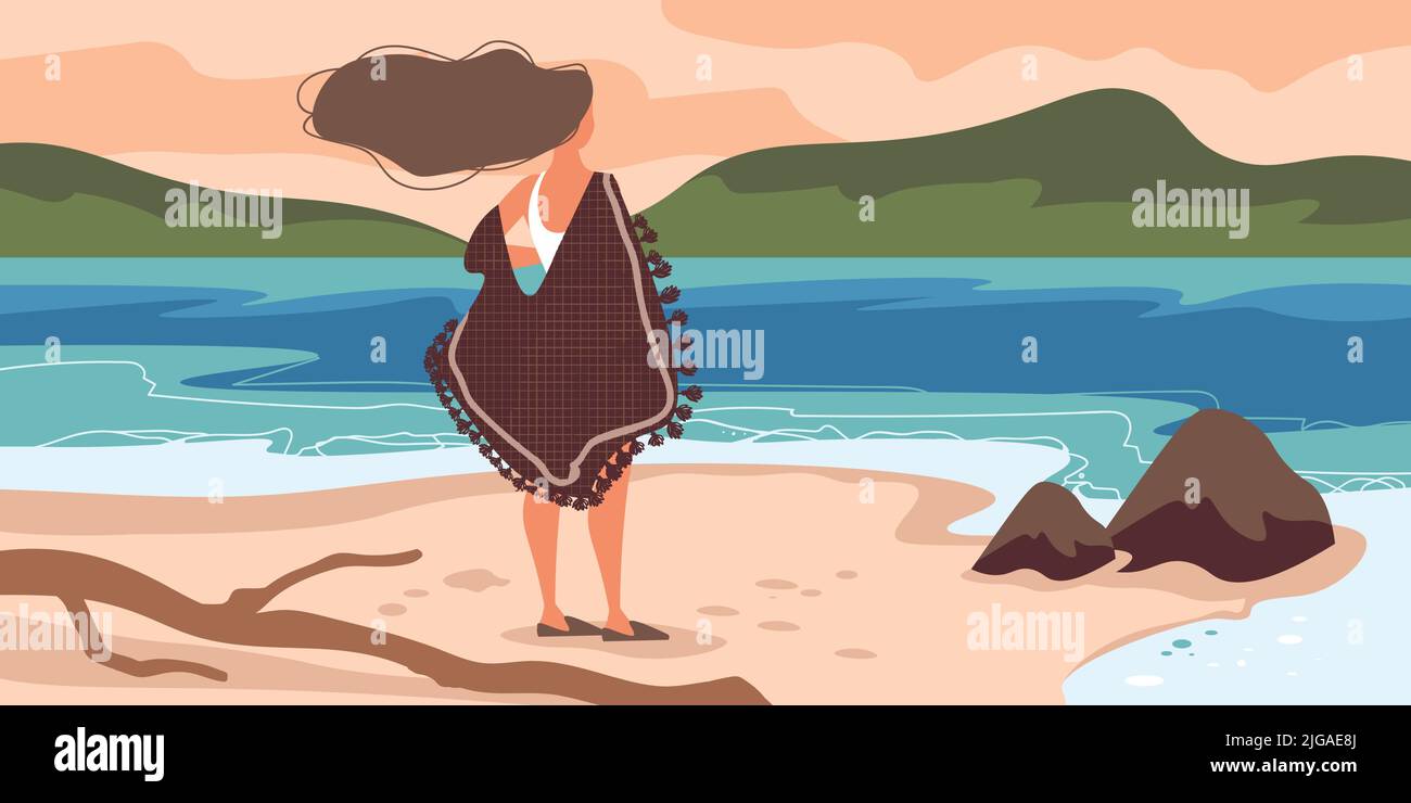 People relax flat composition with lonely woman standing on riverbank ...