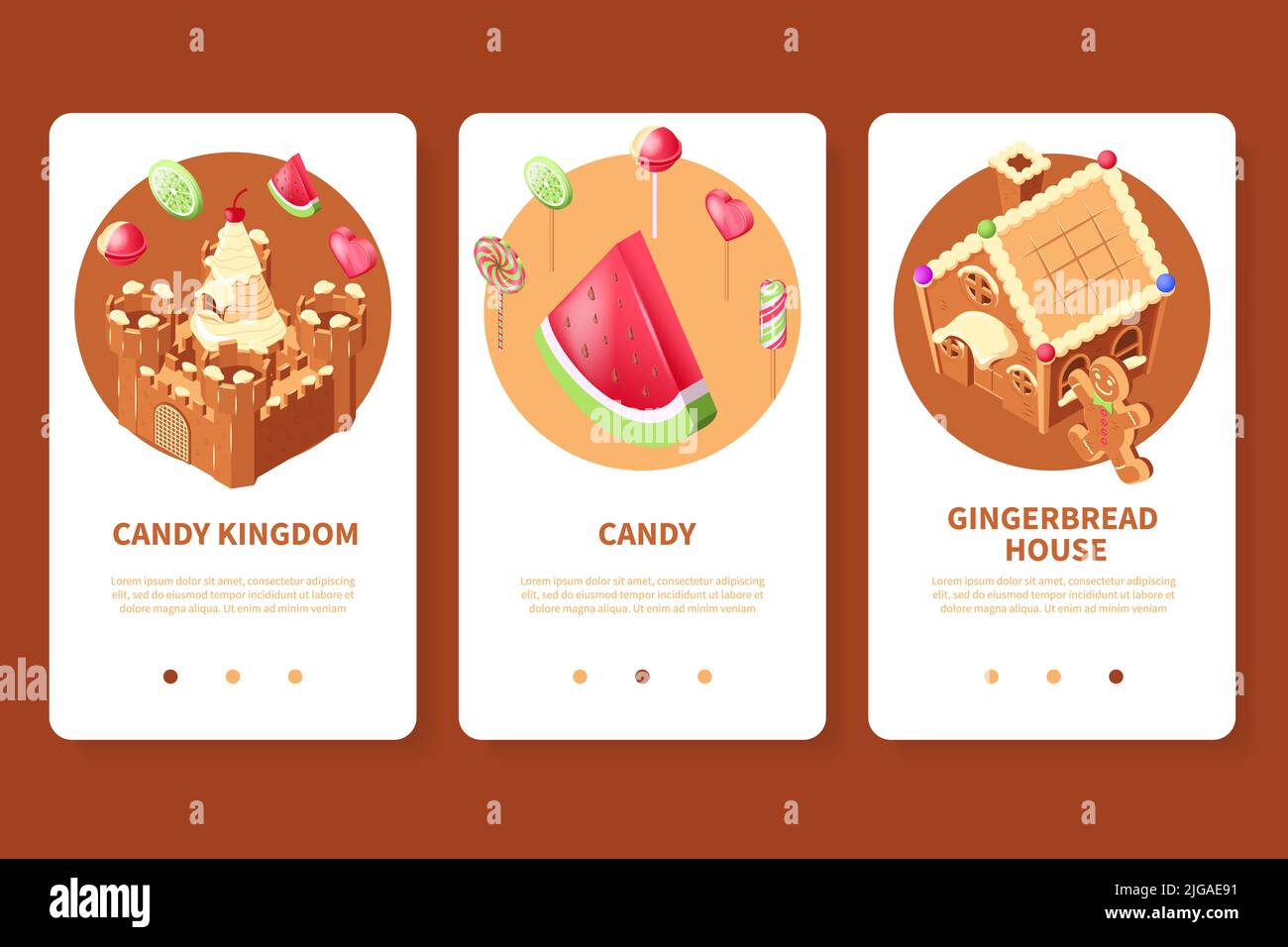 Candy land isometric app design set of three vertical banners with page ...
