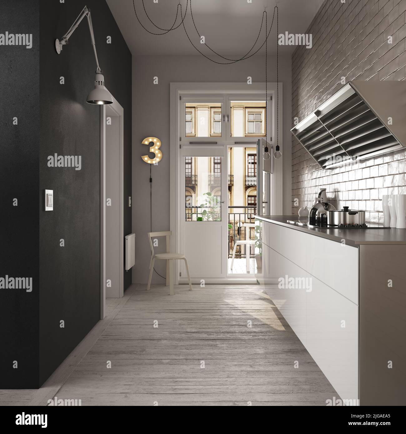 White kitchen 3d illustration.Large balcony with natural light. Loft ...