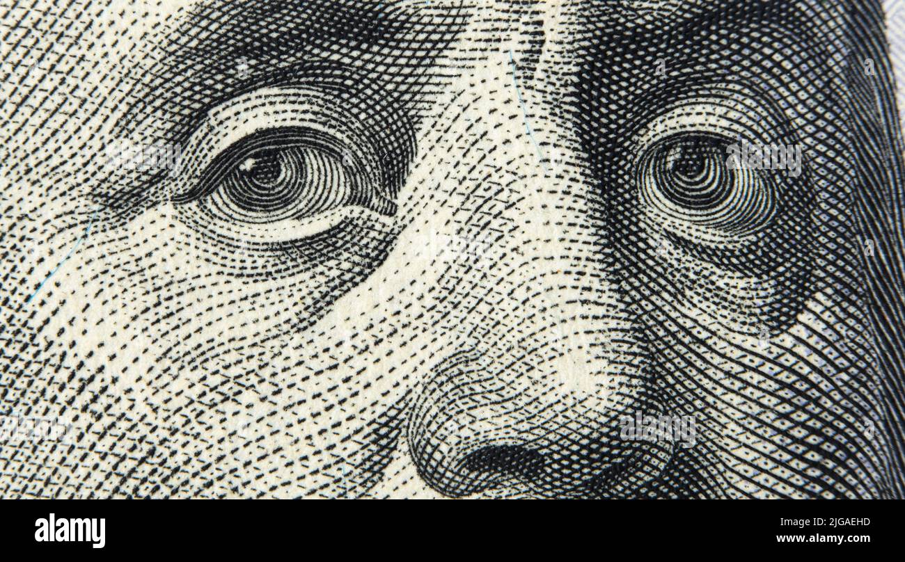 Close up view Portrait of Benjamin Franklin on one hundred dollar bill ...