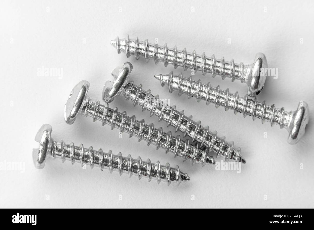 five screws on white paper. detailed macro photo. Self Tapping Screws ...
