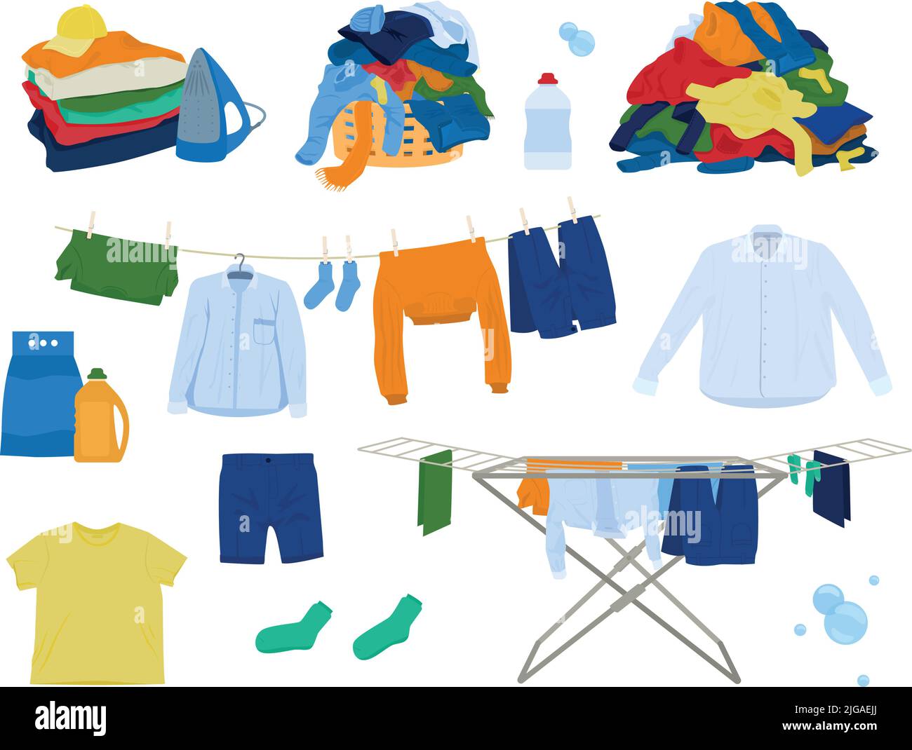 Set with laundry clothes flat icons and isolated images of dirty and ...