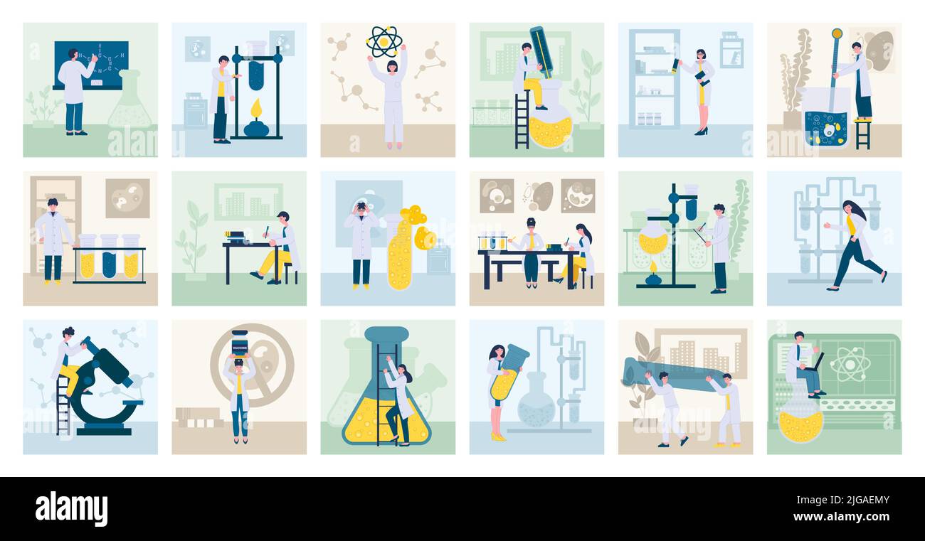 Laboratory set with isolated square compositions of flat test tubes ...