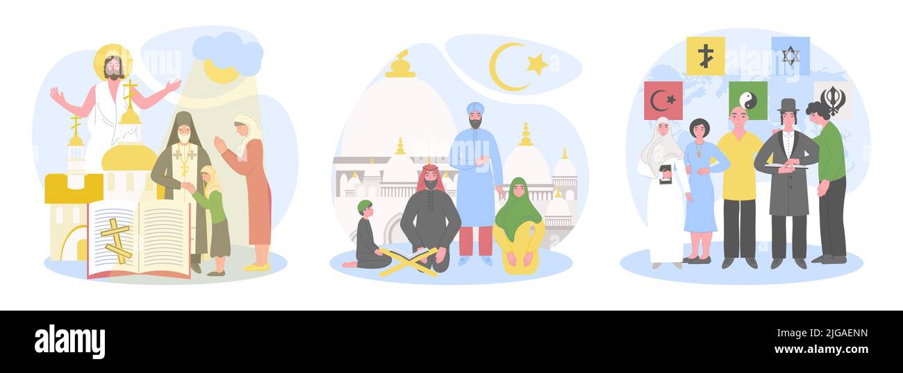 World religions set with three isolated flat compositions with signs ...