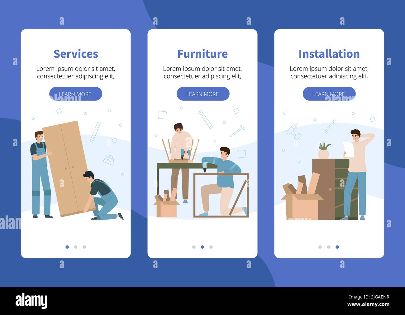 Furniture assembly flat app design with three isolated mobile vertical ...
