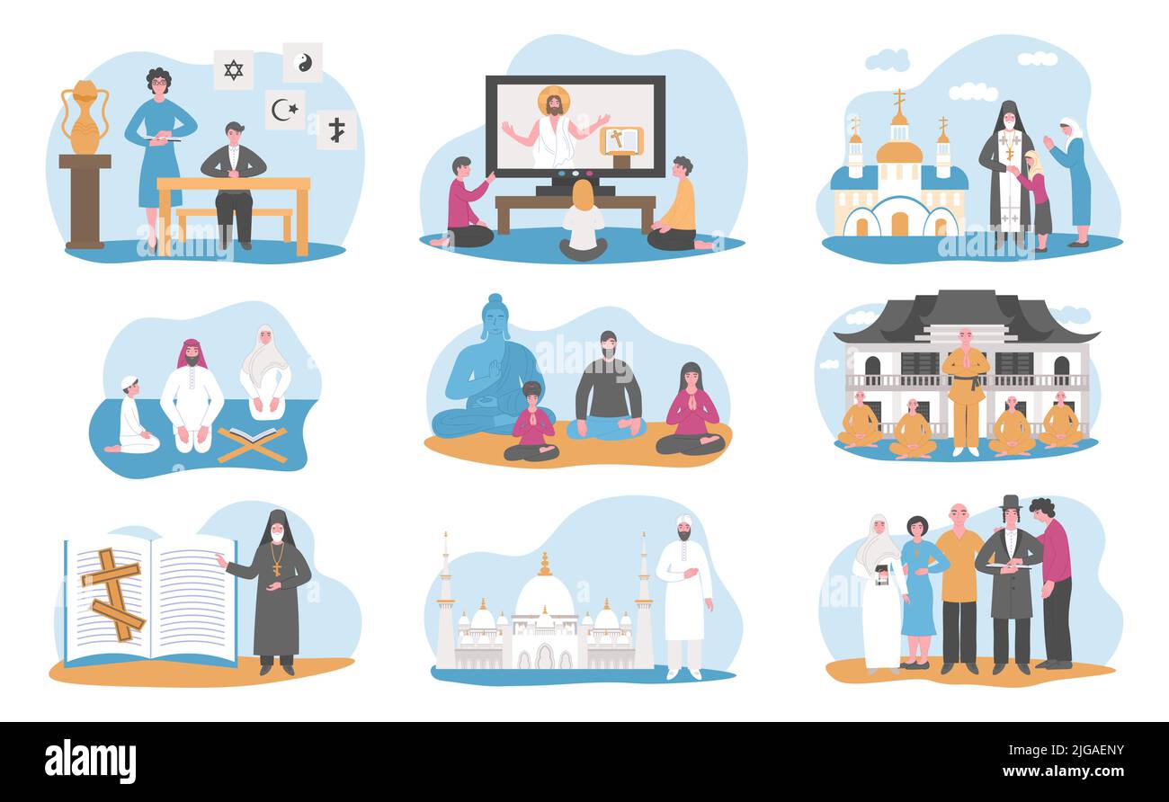 Set of six isolated religious knowledge flat compositions with ...