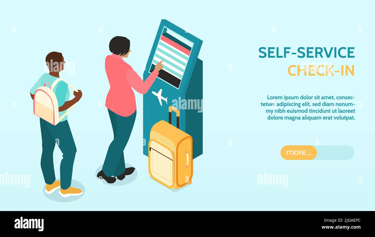 Isometric self service horizontal banner with self service check in ...