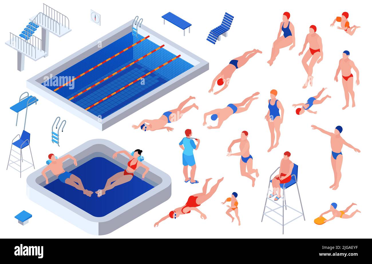 Colored isometric swimming pool icon set two pools sun loungers pool paraphernalia swimmers ...