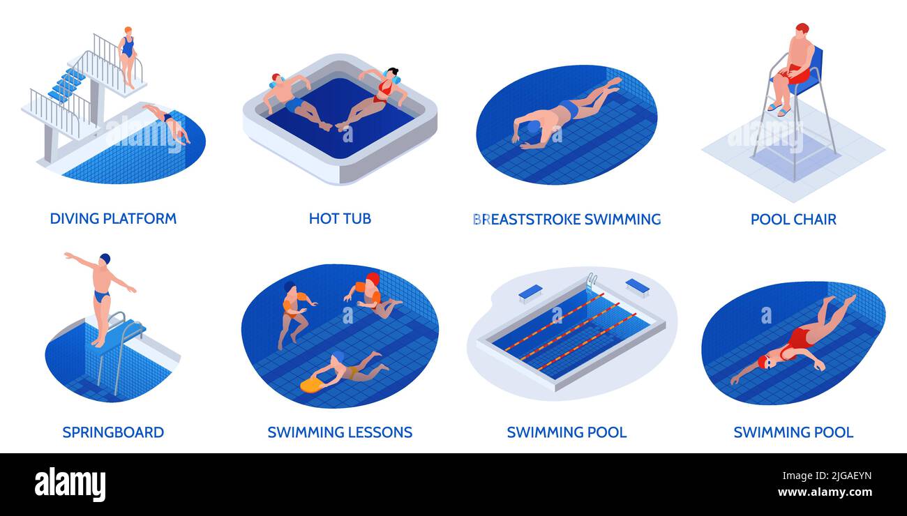 Isometric swimming pool composition set with diving platform hot tub ...