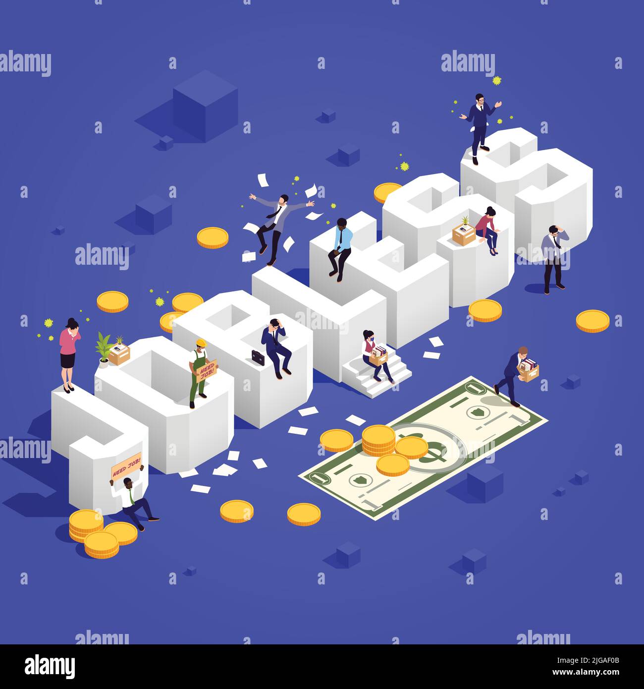 Abstract unemployment isometric composition with sad jobless people ...