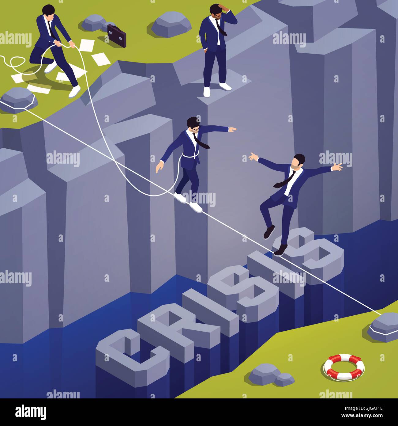 Crisis management isometric composition with business men balancing on ...