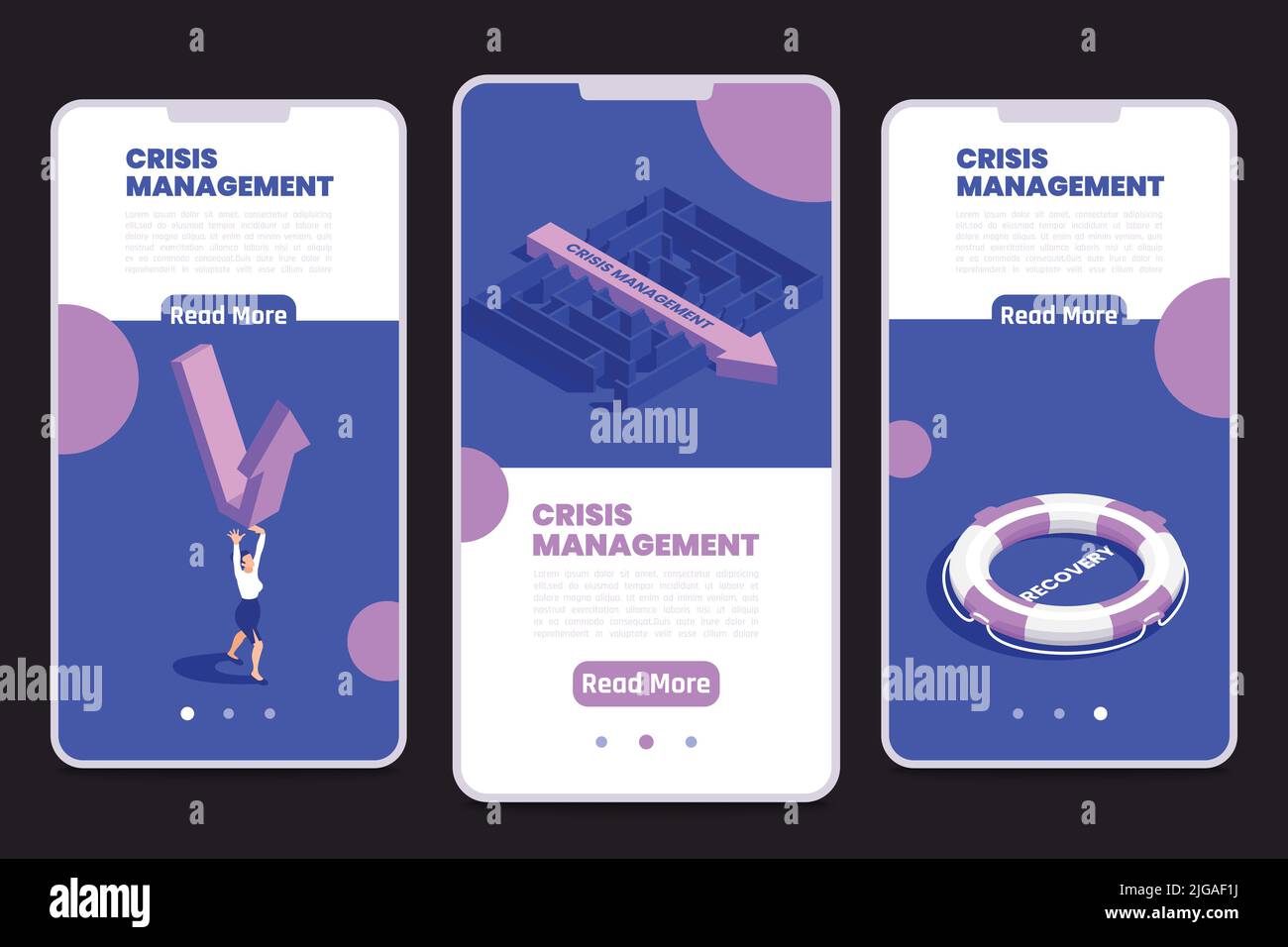 Crisis management set with mobile phones and business recovery symbols ...