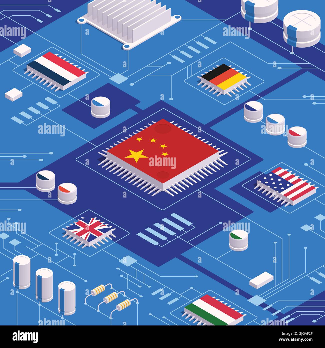 Digital government isometric concept with microchip and national flags ...