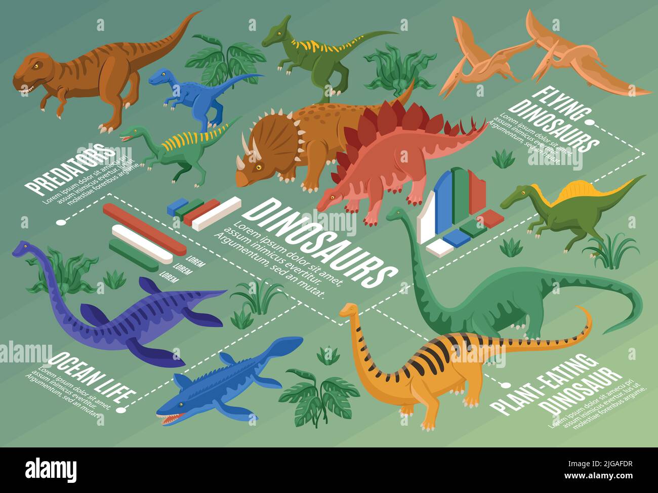 Isometric dinosaurs horizontal composition with colored icons of ...